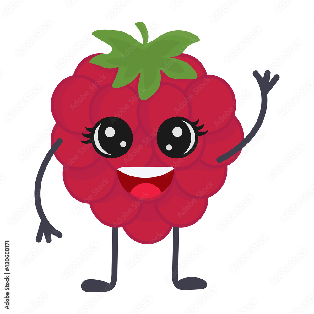 Cartoon raspberries with cute face. Illustration with funny and healthy ...