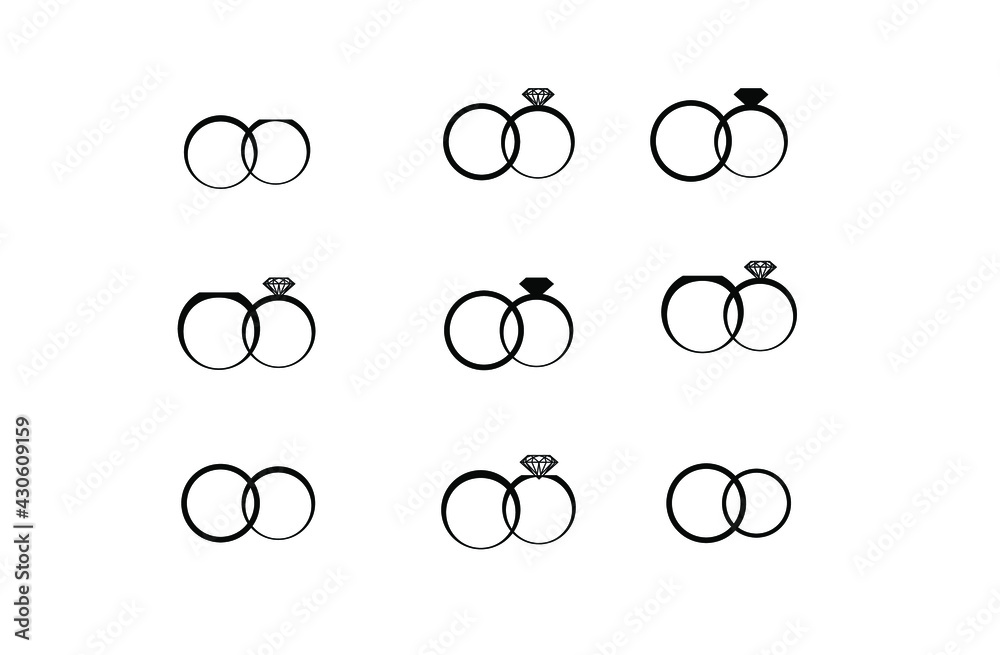 Wedding rings set, silhouette of paired rings vector EPS 10. Redacted ...