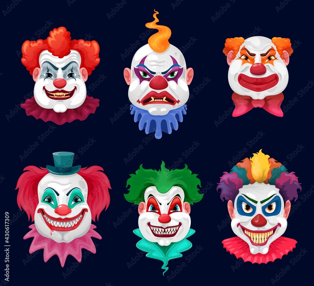 Horror clown and scary circus monster faces cartoon vector design of ...
