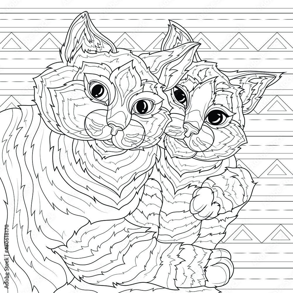 Two cats are hugging.Coloring book antistress for children and adults ...