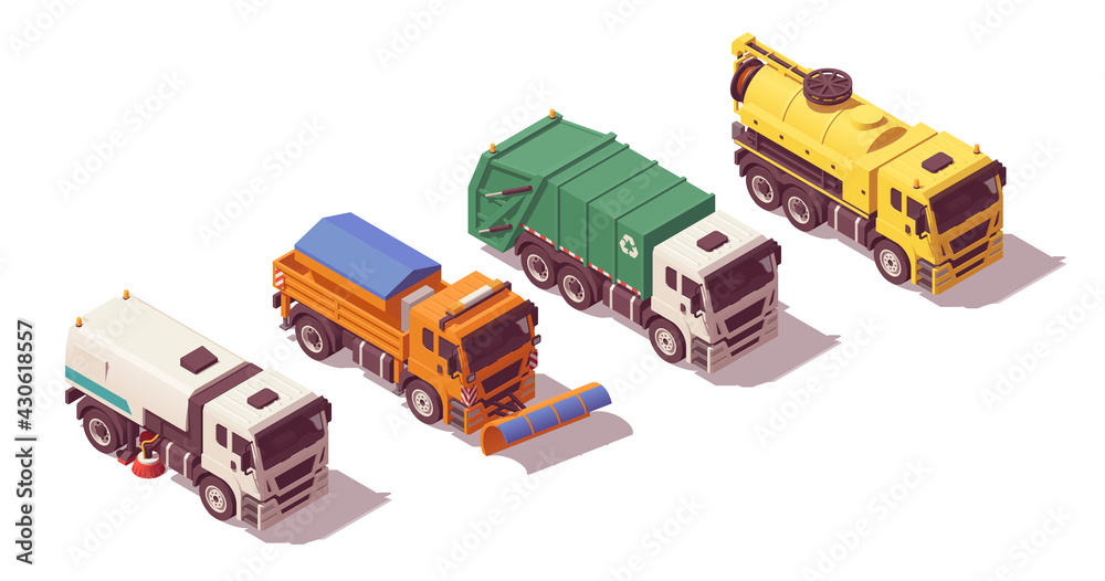 Isometric municipal utility trucks set. Street sweeper cleaner truck ...