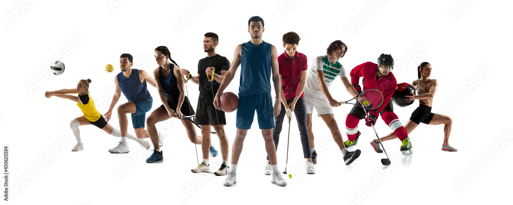 Collage of 8 different professional sportsmen, fit people in action and ...