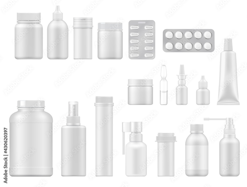 Pill, drug and medicament realistic vector packages. 3d mockups of ...