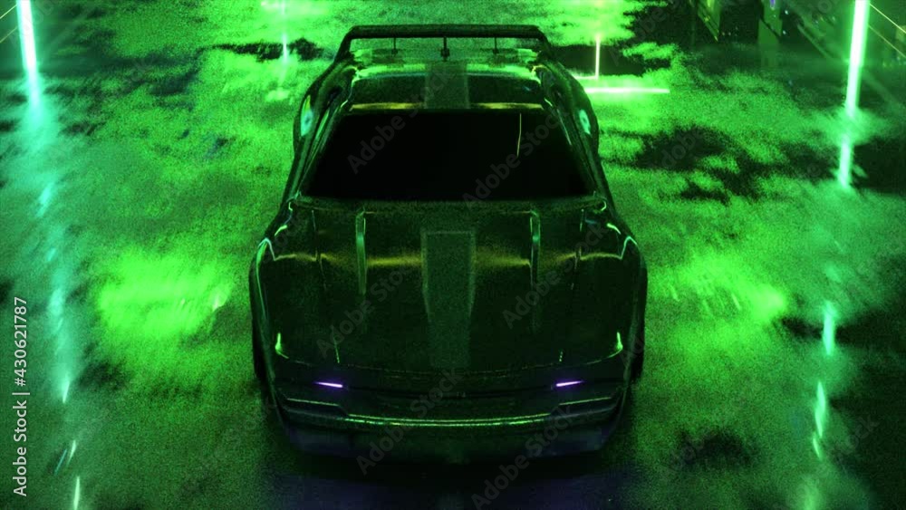 Car and city in neon cyberpunk style. 80s retrowave background 3d ...