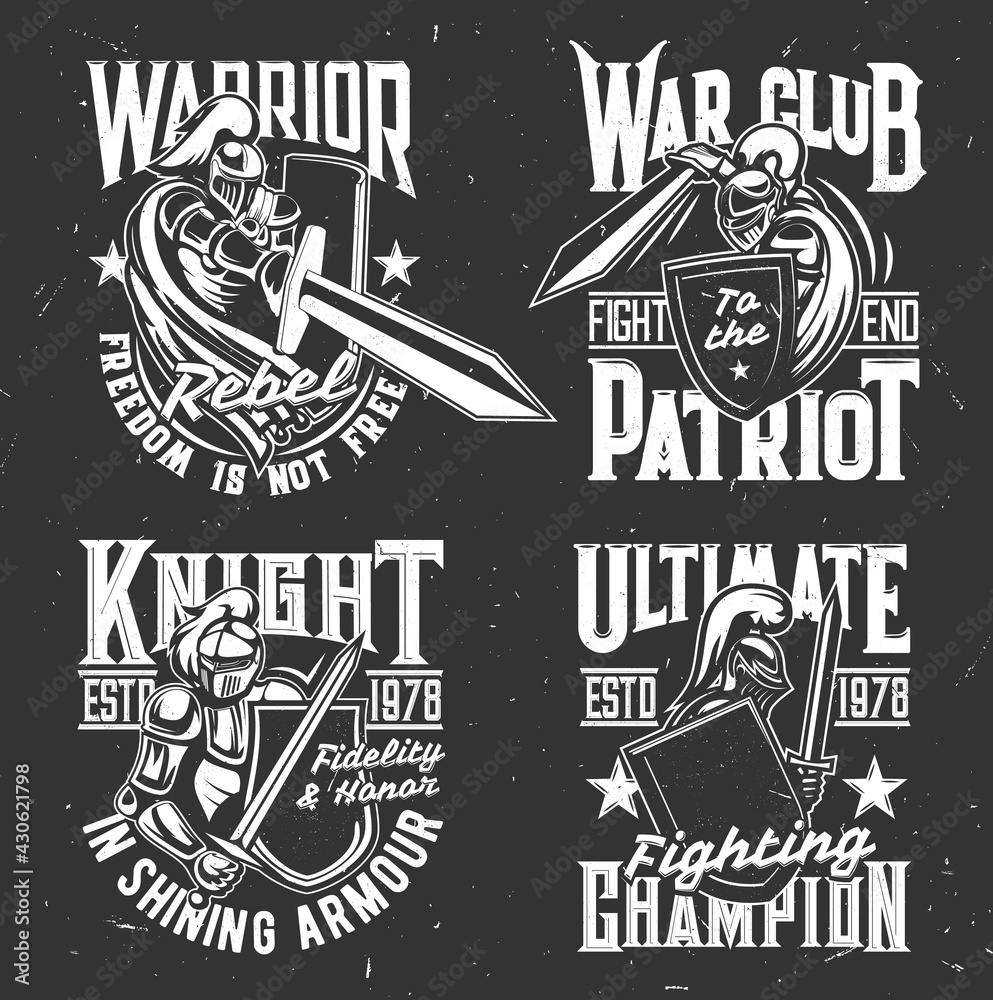 Knight warrior with shield and sword t-shirt print, fighters club ...