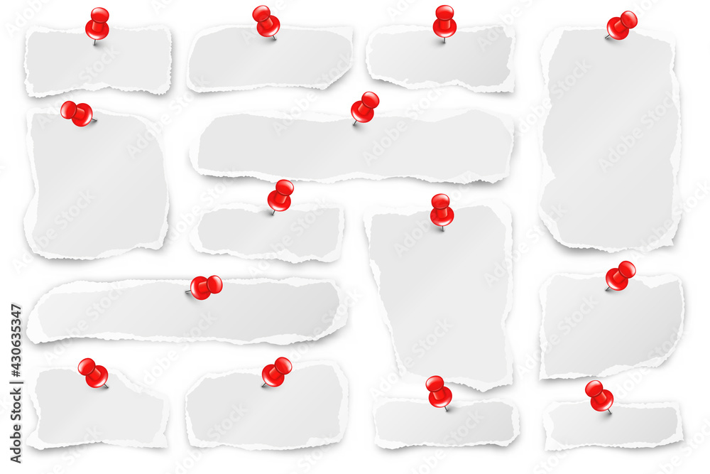 Ripped paper strips with red push pins. Realistic crumpled paper scraps ...