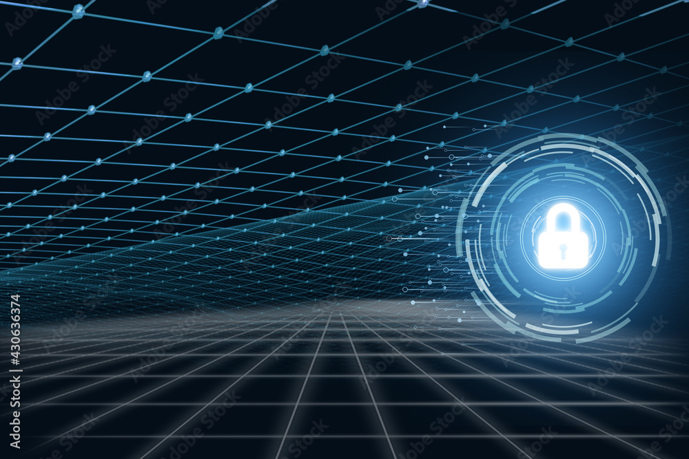 Cyber security concept. Lock symbol with lines and light spots ...