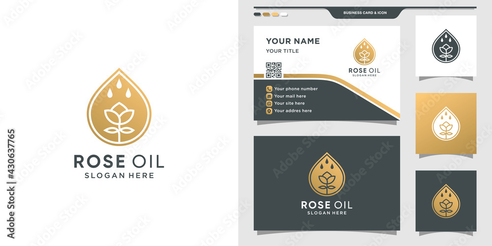 Rose flower logo combined water drop. Rose oil logo and business card ...
