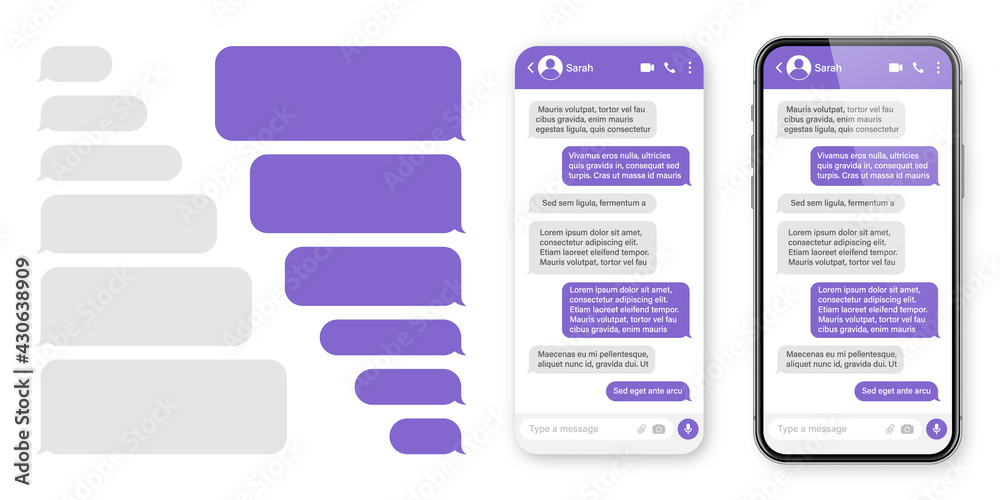 Realistic smartphone with messaging app. Blank SMS text frame ...