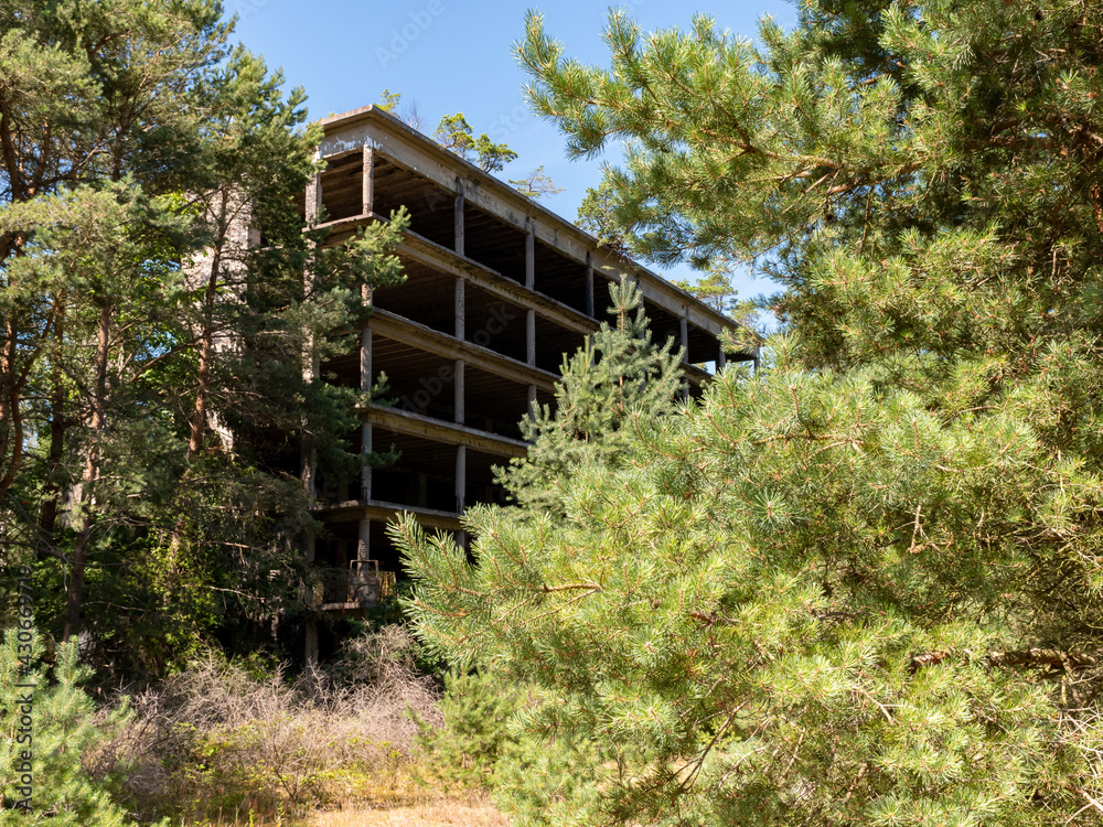 An abandoned old building structure of the Colossus of Prora. A ...