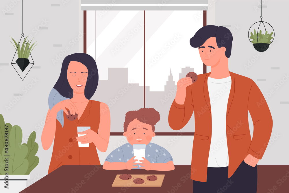 Vecteur Stock Family people eat cookies vector illustration. Cartoon ...