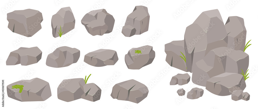 Stone rock vector illustration set. Cartoon decorative single, piled stones of different shapes ...