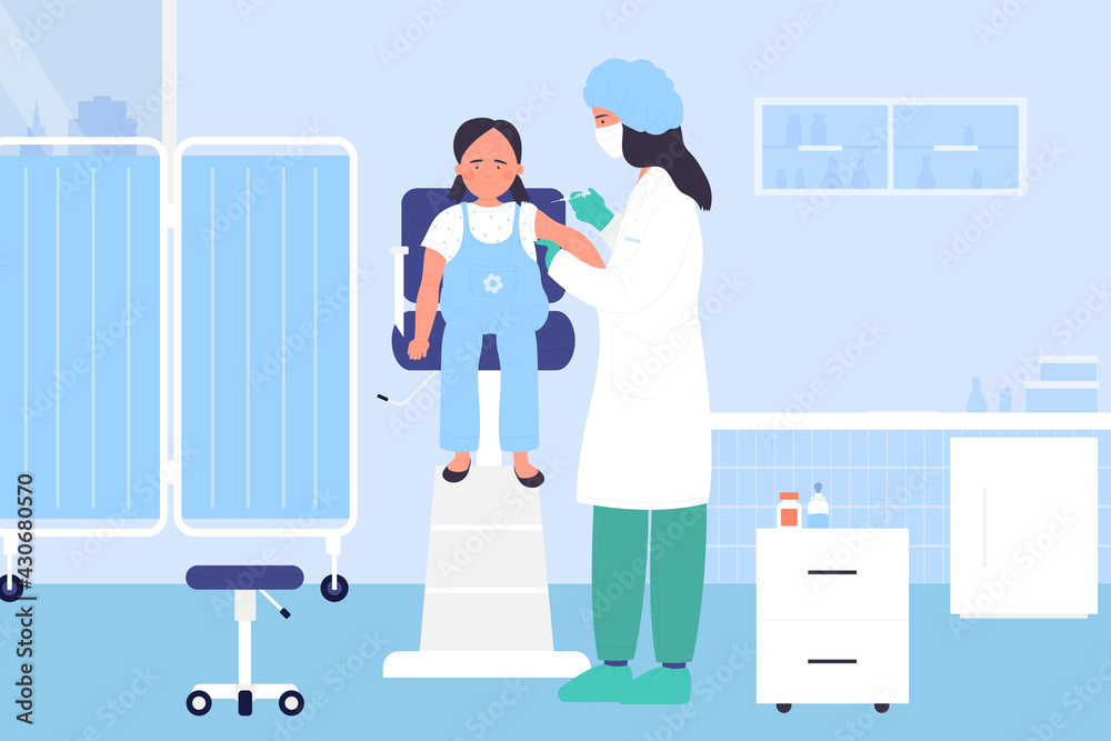 Vaccination in hospital, flu shot vector illustration. Cartoon woman ...