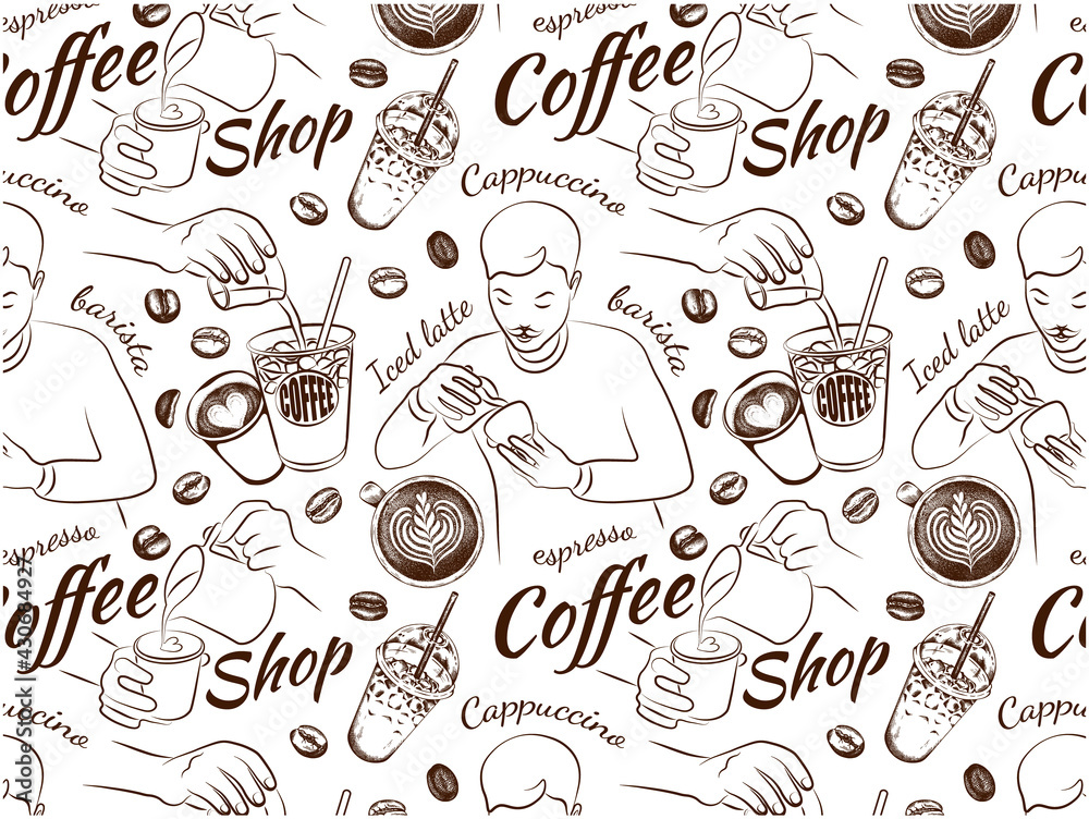 Sketch hand drawn pattern of coffee shop design. Brown coffee drinks ...