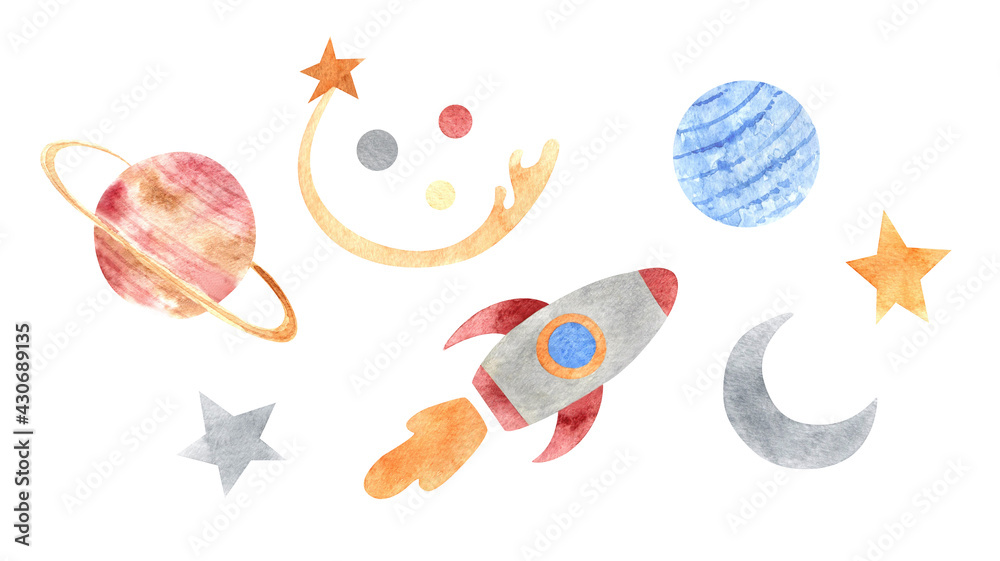 Cosmic set with planets, stars, rocket and moon; watercolor hand draw ...