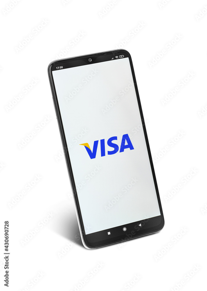 Visa logo on phone screen stock image. Isolated on white background ...