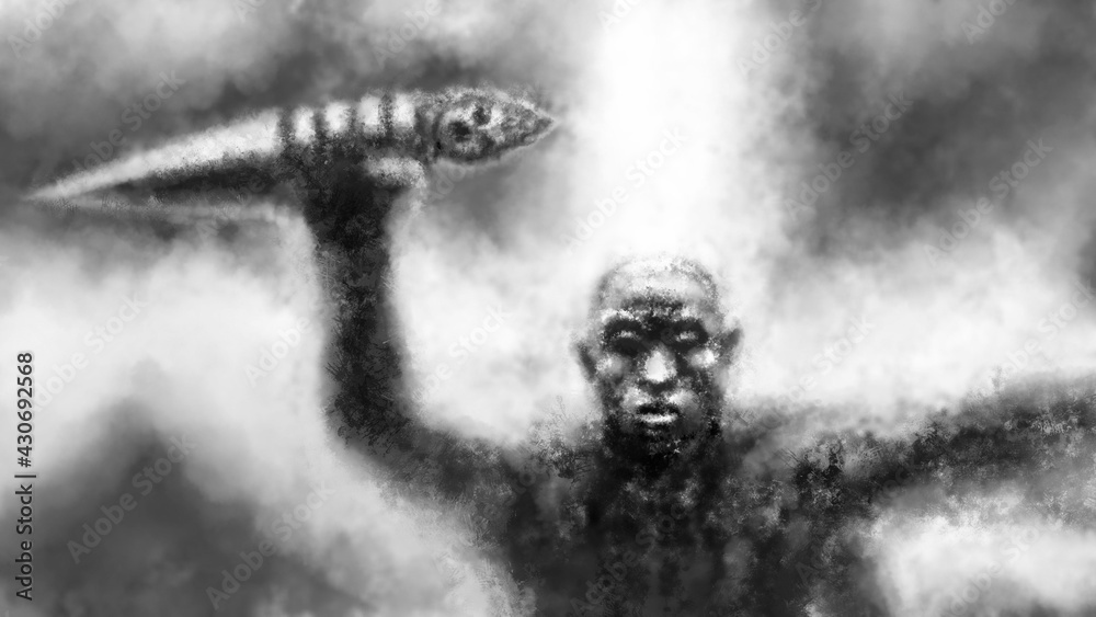 Dark monk raises ritual dagger above his head. Worship of ancient gods ...