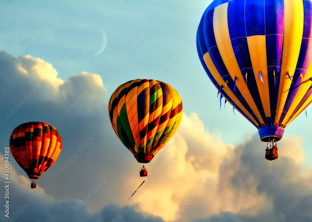 Three hot air balloons starting the adventure floating in formation ...