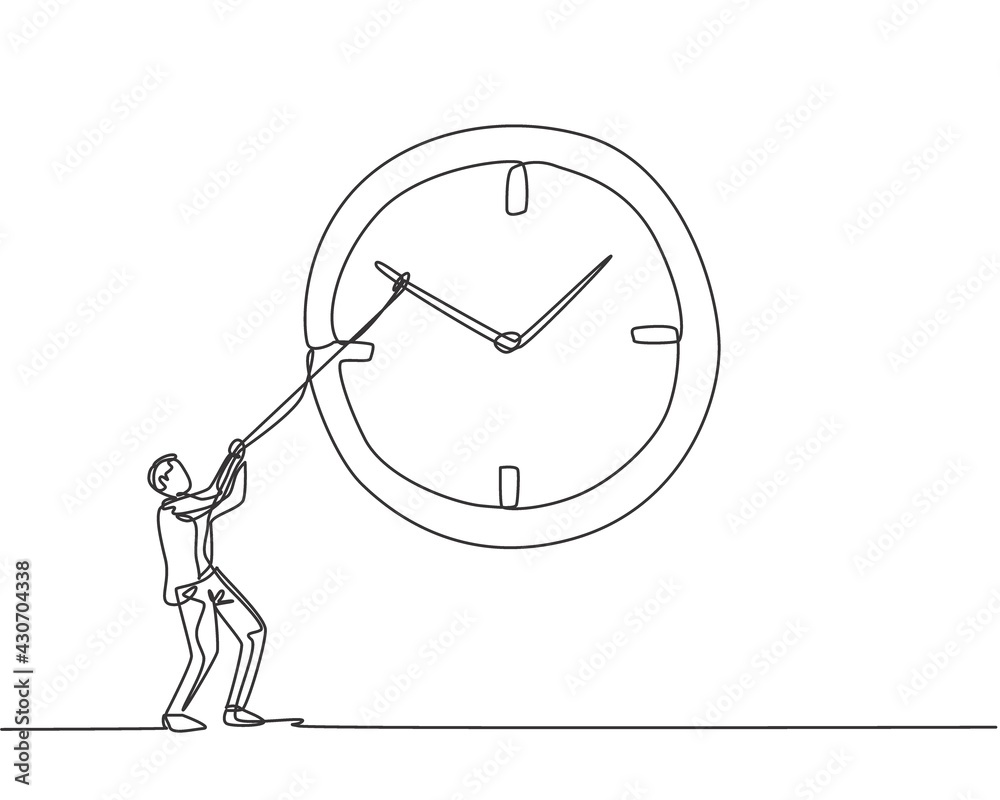 Continuous one line drawing young male worker pulling clockwise of big ...