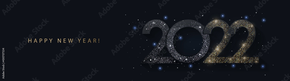 Happy New Year banner. Modern design with 2022 glittering black and ...