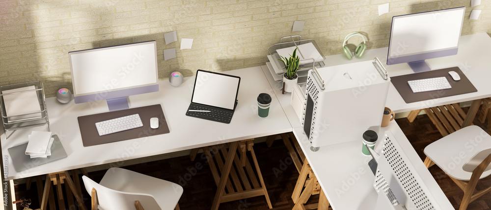 3D rendering, office room interior design with office desk, computer ...