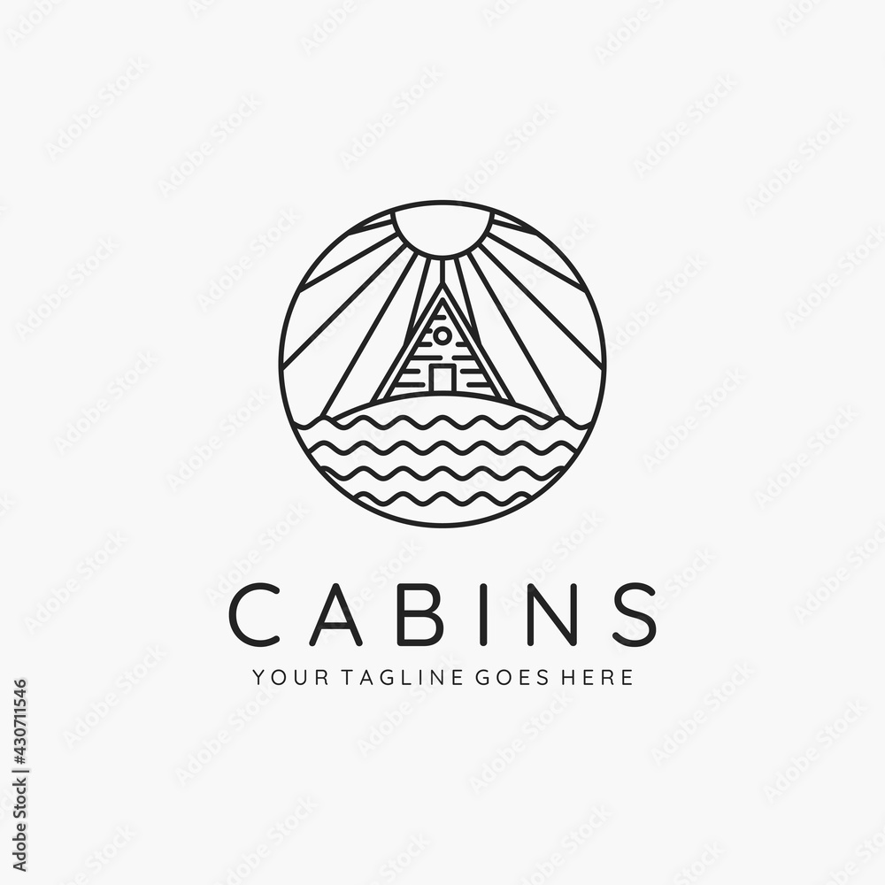 Cabin with sunburst line art minimalist icon symbol logo vector ...