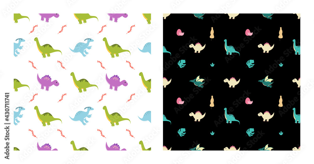 Cute Cartoon Dinosaurs Seamless Pattern as Spinosaurus, Parasaurolophus ...