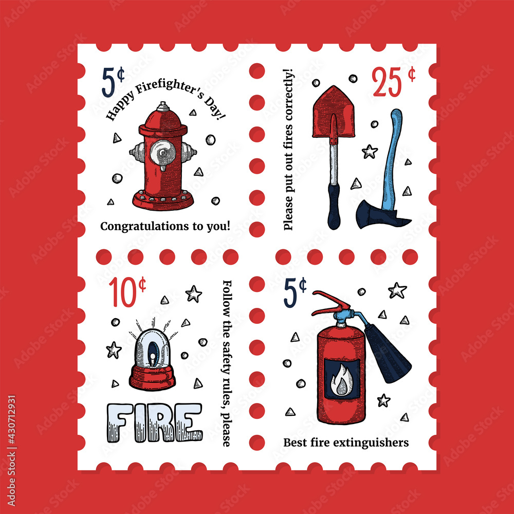 Firefighter and fireman tools postage stamp. Side view. Various ...