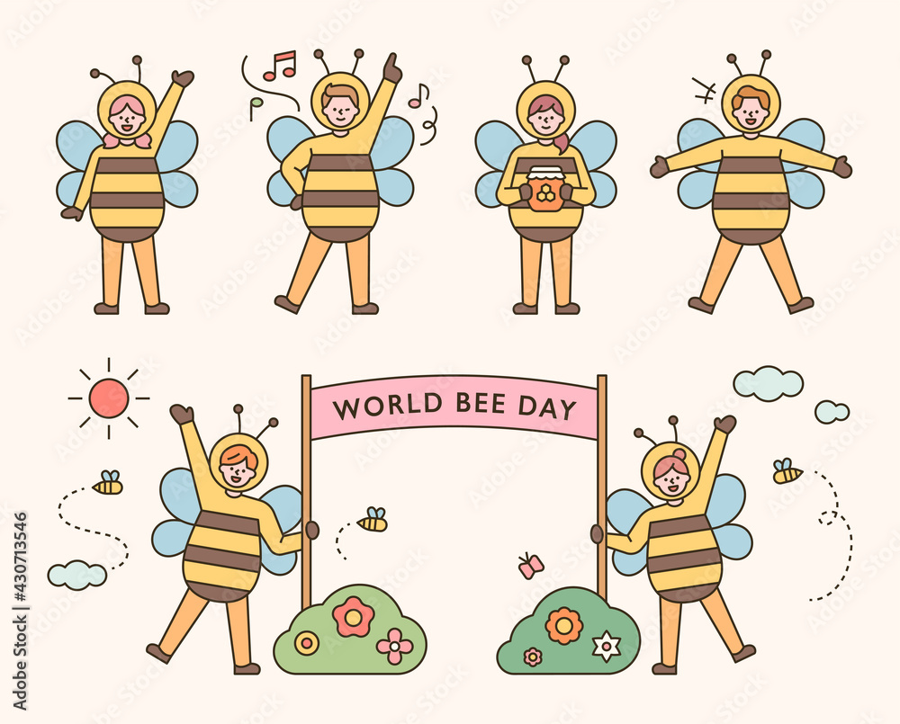 People in bee costumes for World Bee Day. flat design style minimal ...