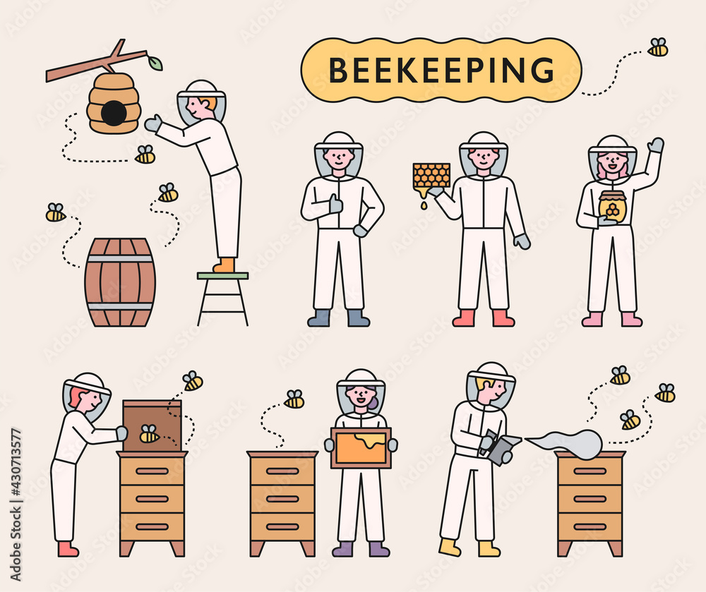 Beekeepers raise bees and collect honey. flat design style minimal ...