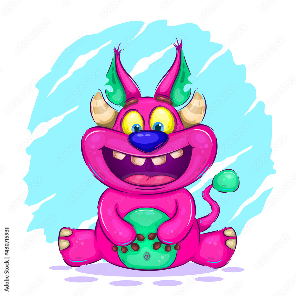 Cheerful horned monster. A bright illustration of a sitting cheerful ...