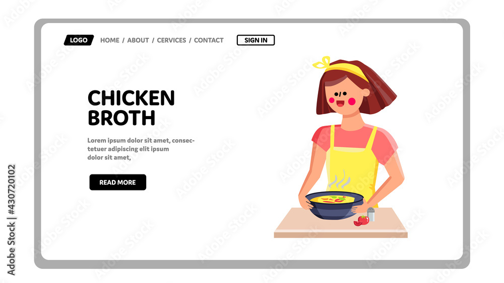 Chicken Broth Cook Young Woman On Kitchen Vector. Delicious Chicken ...