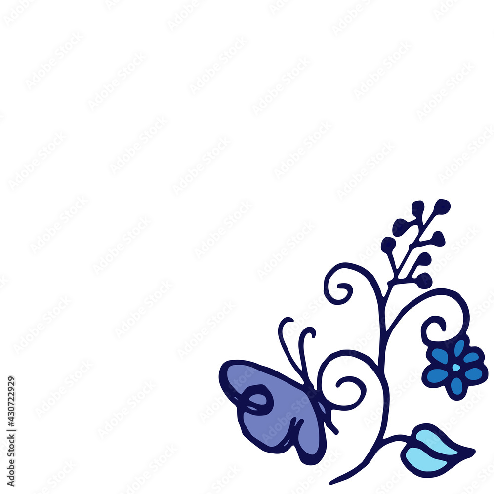 beautiful floral pattern on white background. blue outline, hand drawn ...