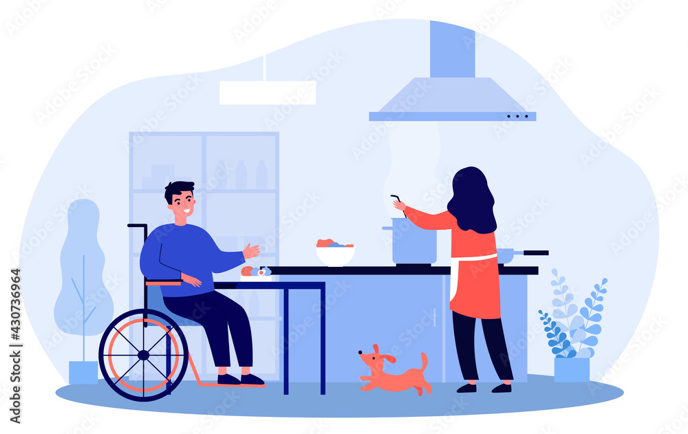 Wife cooking for her disabled husband. Cartoon vector illustration ...