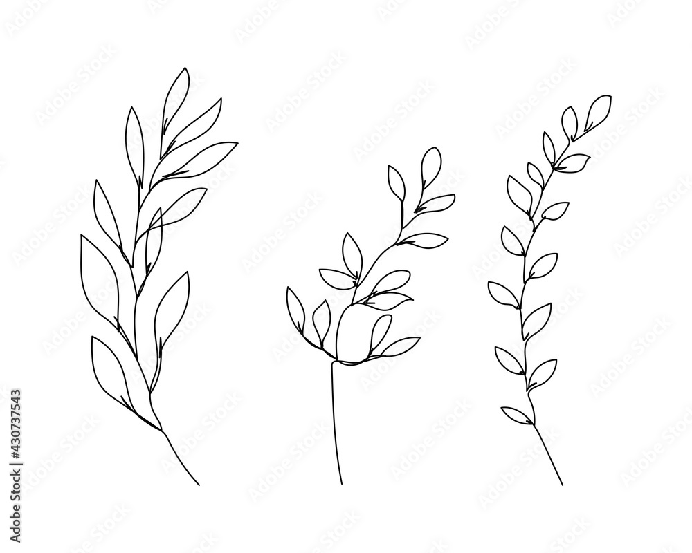 Leaves Set One Line Drawing. Hand Drawn Minimalism Style of Simple ...