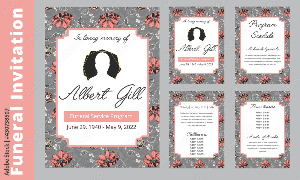 Floral memorial and funeral invitation card template design, cherry ...