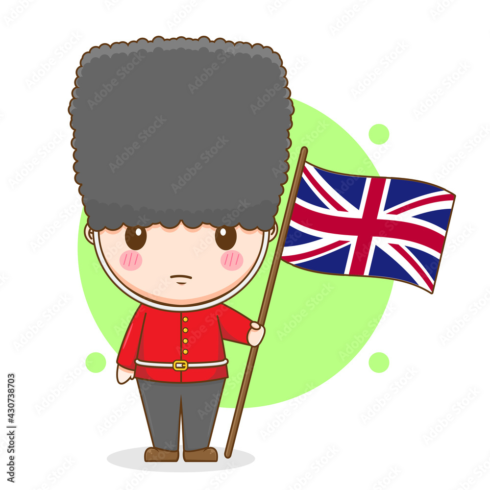 Cartoon illustration of cute queen guard character holding England flag ...