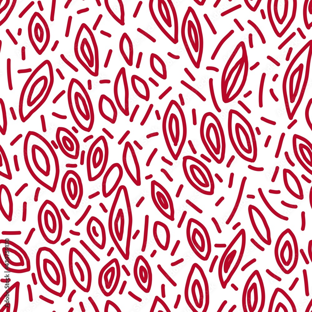 Stylish seamless hand-drawn pattern of red lines and leaves on a white ...
