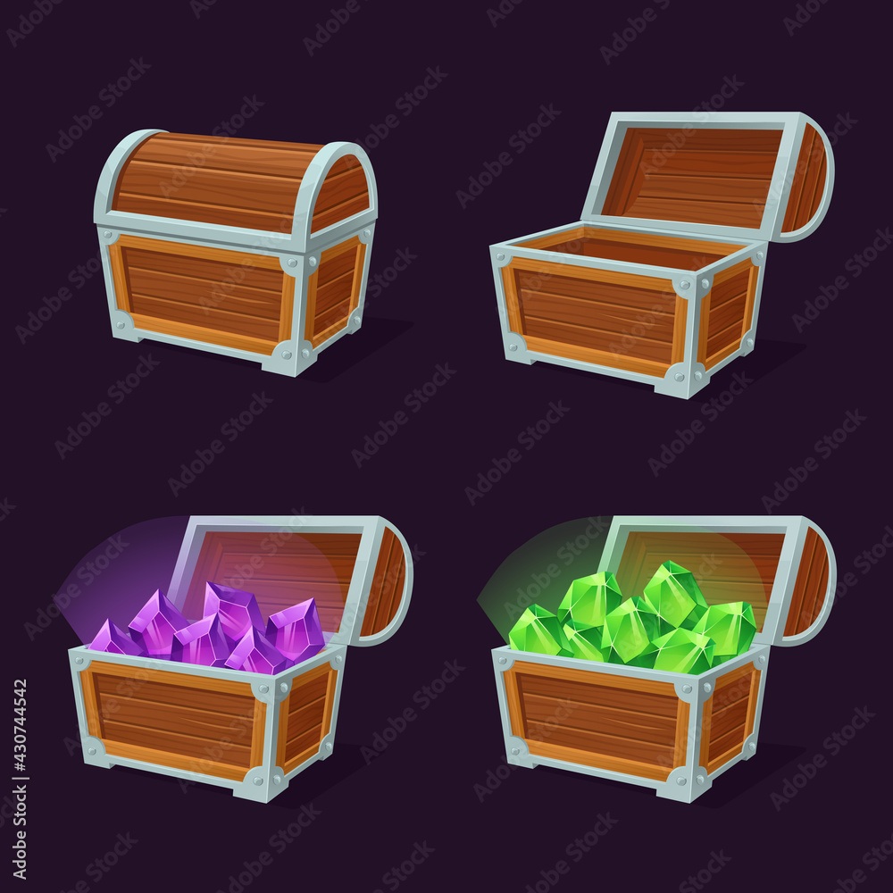 Bright treasure chests flat pictures set. Cartoon colorful closed and ...