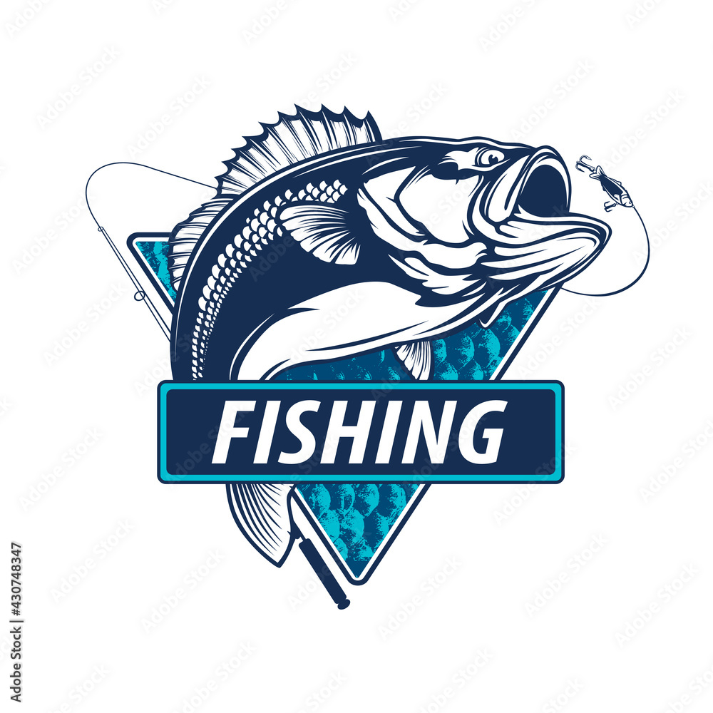 Fishing bass logo. Bass fish with rod club emblem. Fishing theme ...