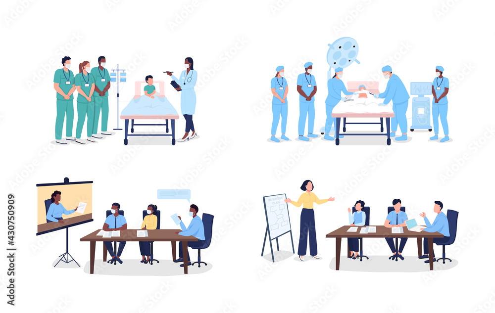 Professional men and women at training flat color vector faceless ...