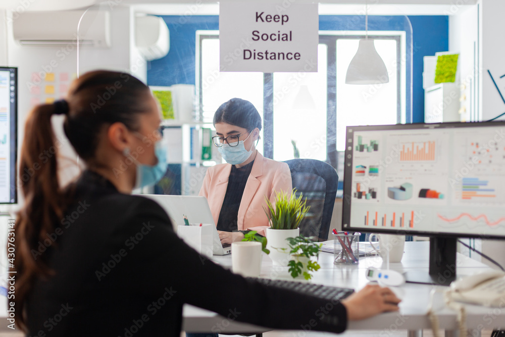 Sign with keep social distancing in new normal office during global ...