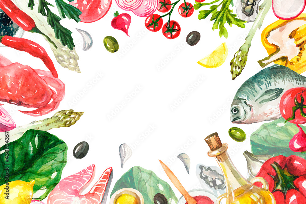 Watercolor frame with Mediterranean food. Vegetables and fish in ...