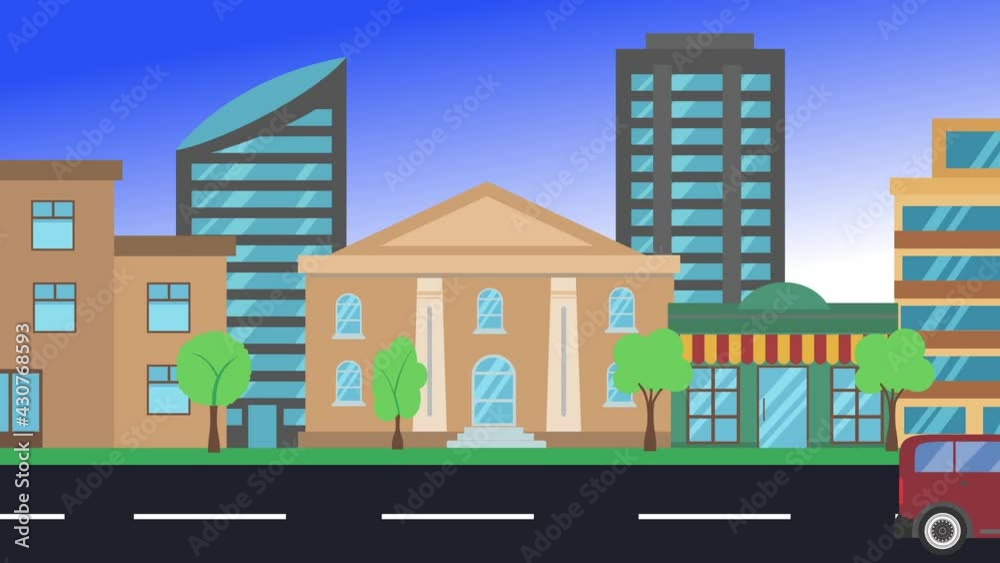 cars driving rides around city, 2d animation, flat design background ...