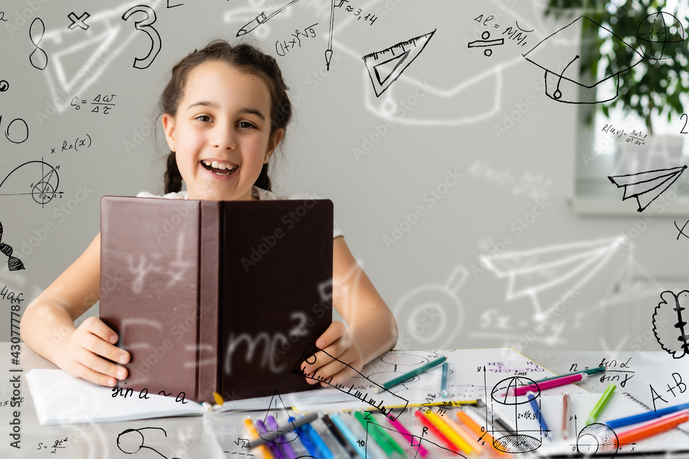 beautiful cute little genius girl with books and math formulas ...
