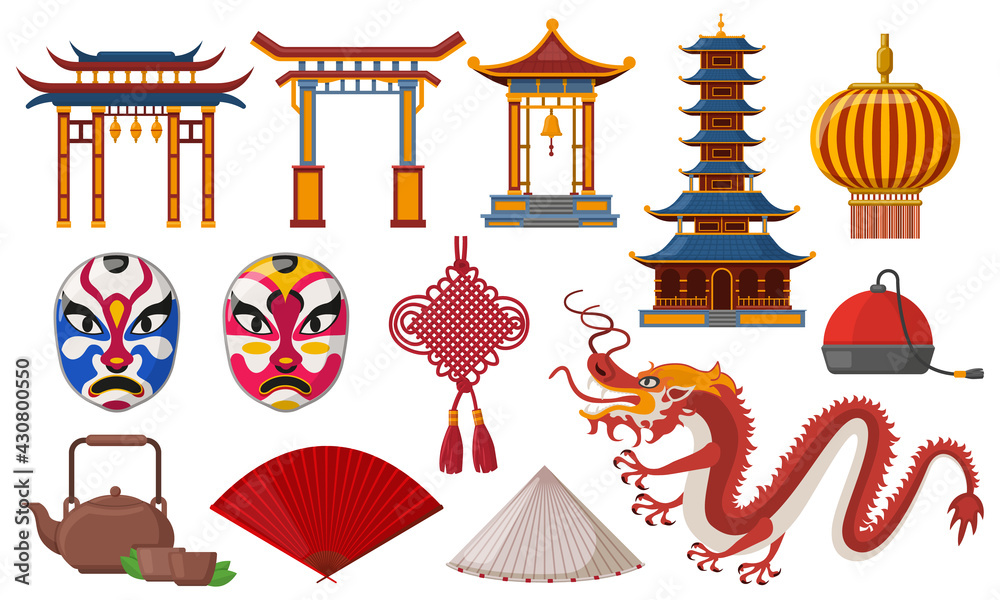 Chinese traditional elements. Asian culture traditional symbols, pagoda ...