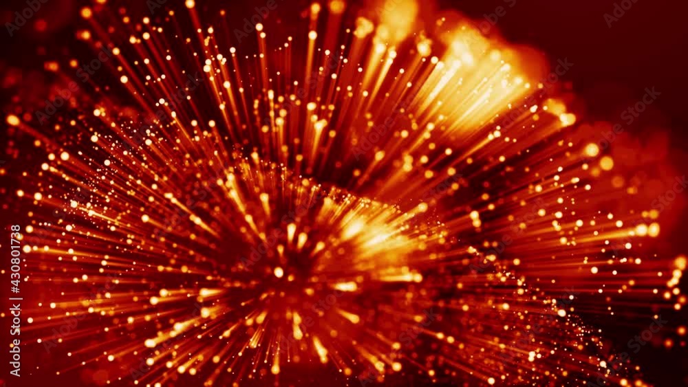 4k 3d animation with light effects. Red yellow particles float in ...