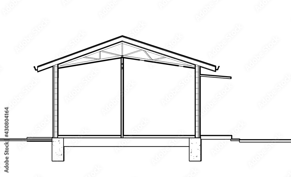 Section of a pitched roofed one storey small building. 3d illustration ...