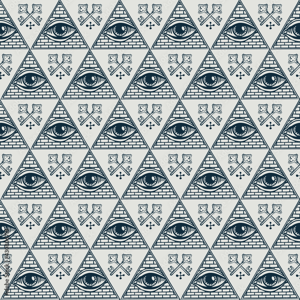 Seamless pattern with All-seeing eye inside triangle pyramid and old ...