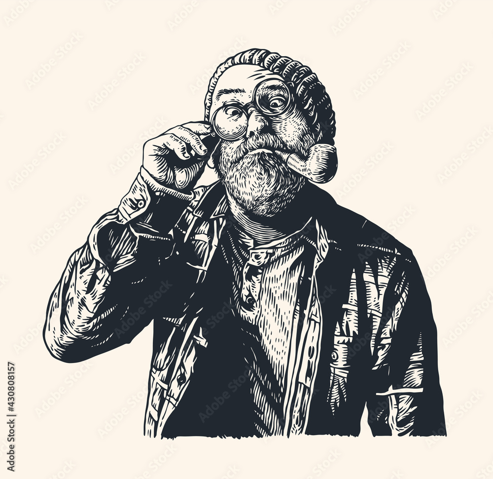 Mope-eyed Old Man In Round Glasses With Moustaches, Gray Beard and ...